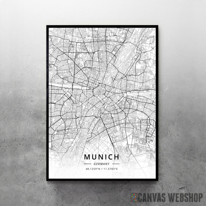 Minhen mapa - white - uramljen poster
