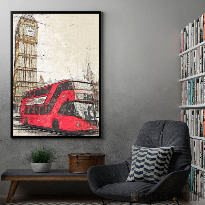 Big Ben and Red Bus - uramljen poster