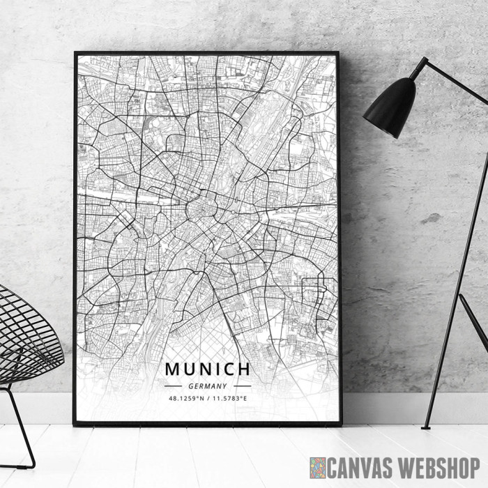 Minhen mapa - white - uramljen poster
