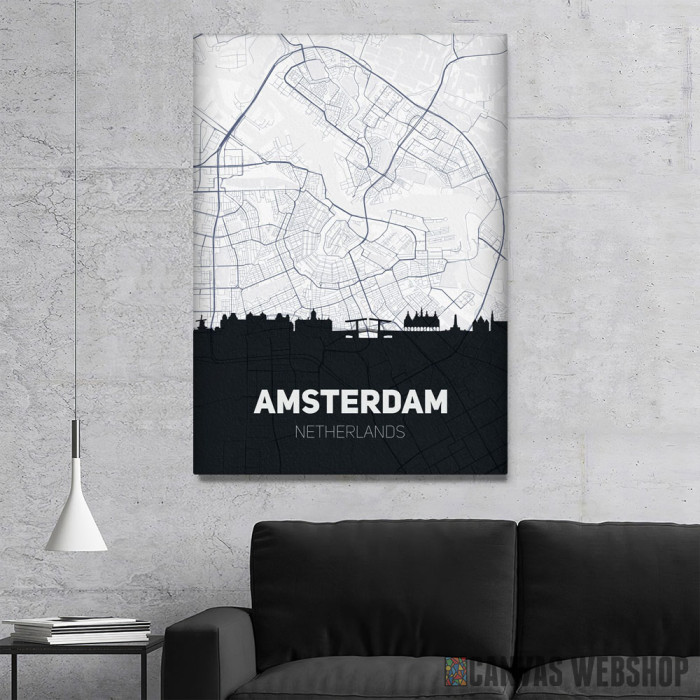 Amsterdam mapa i silueta grada - slika na platnu